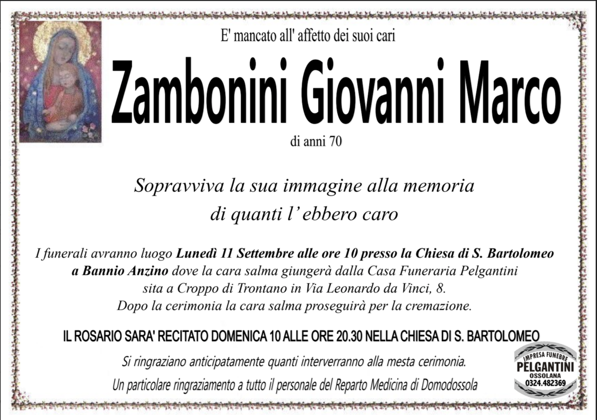 Zambonini Giovanni Marco di anni 70 - Ossolanews.it