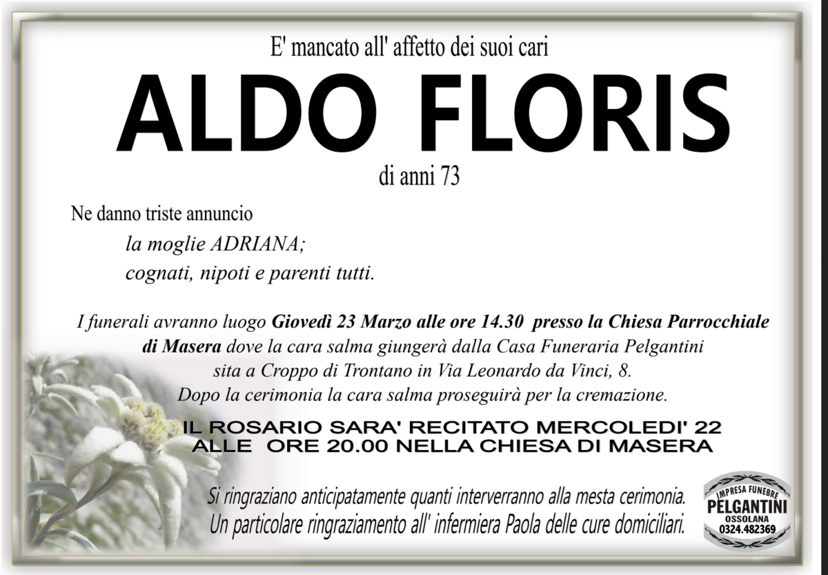 Aldo Floris di anni 73 - Ossolanews.it