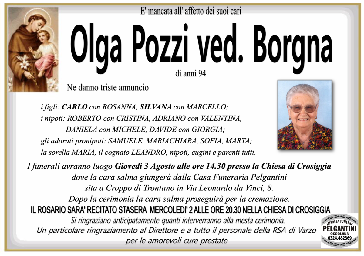 Olga Pozza ved. Borgna di anni 94 - Ossolanews.it
