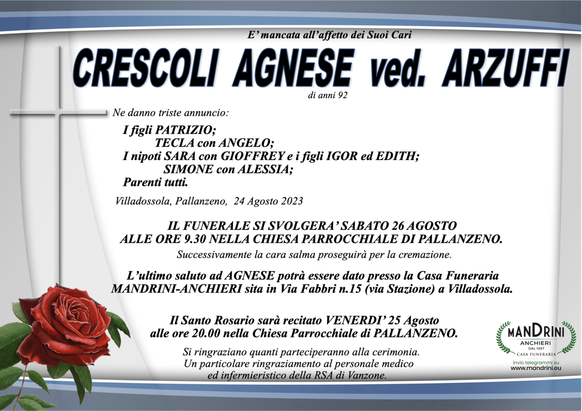 Crescoli Agnese ved. Arzuffi di anni 92 - Ossolanews.it