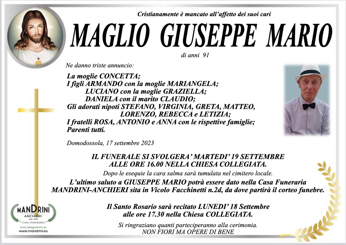 Maglio Giuseppe Mario di anni 91 - Ossolanews.it