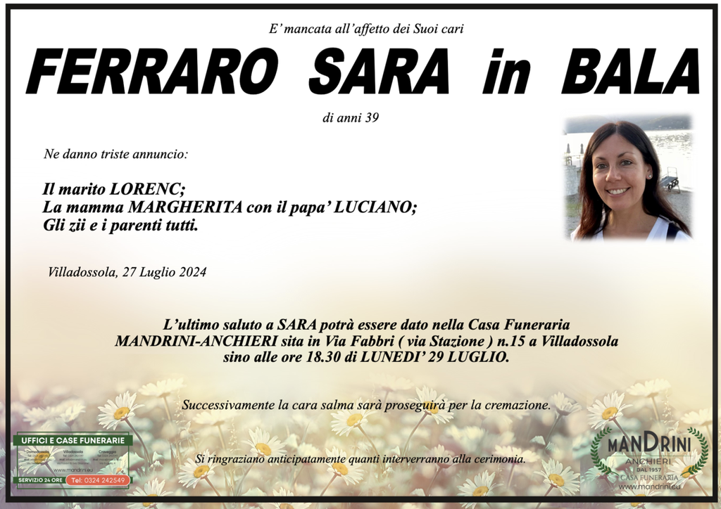 Ferraro Sara in Bala di anni 39 - Ossolanews.it